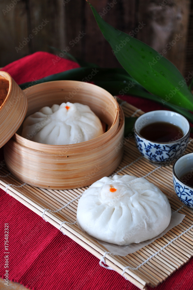 Siopao Chinese Bun in Bamboo Container Stock Photo | Adobe Stock