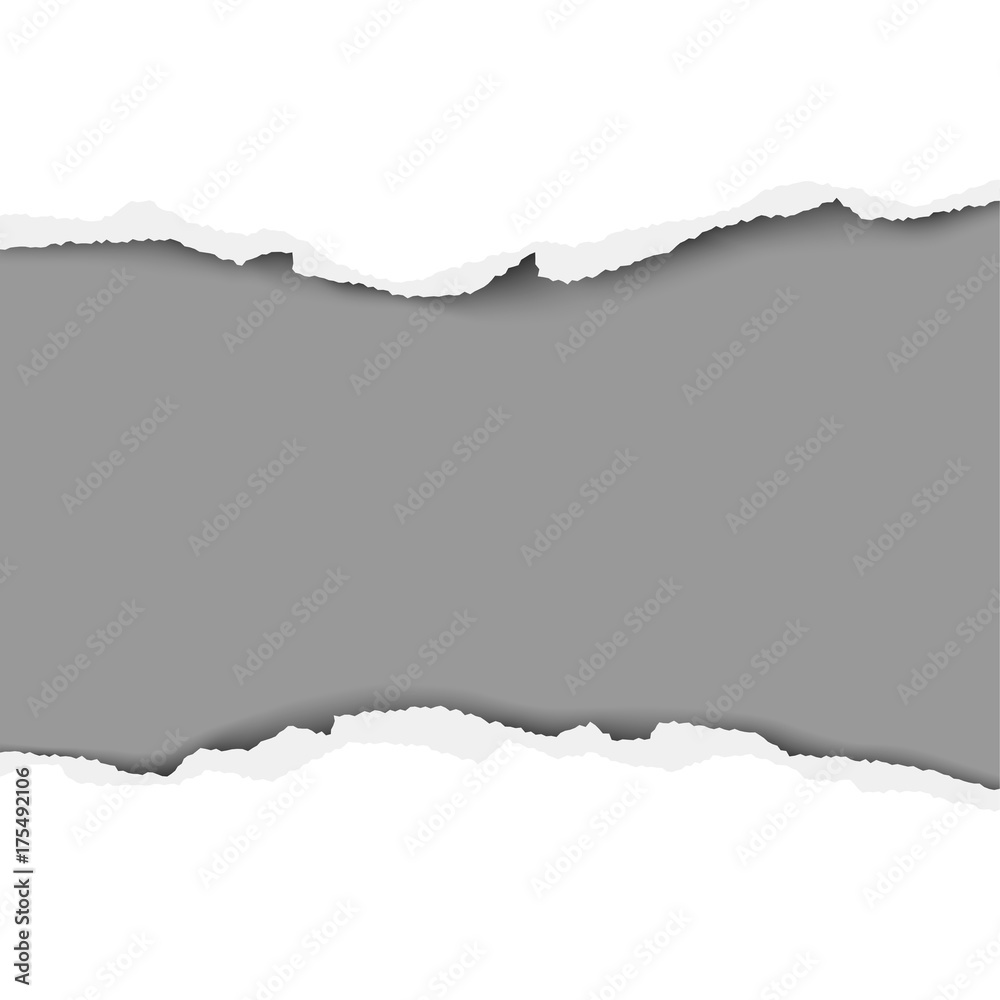 Ripped out middle of sheet of white paper with gray background of ...