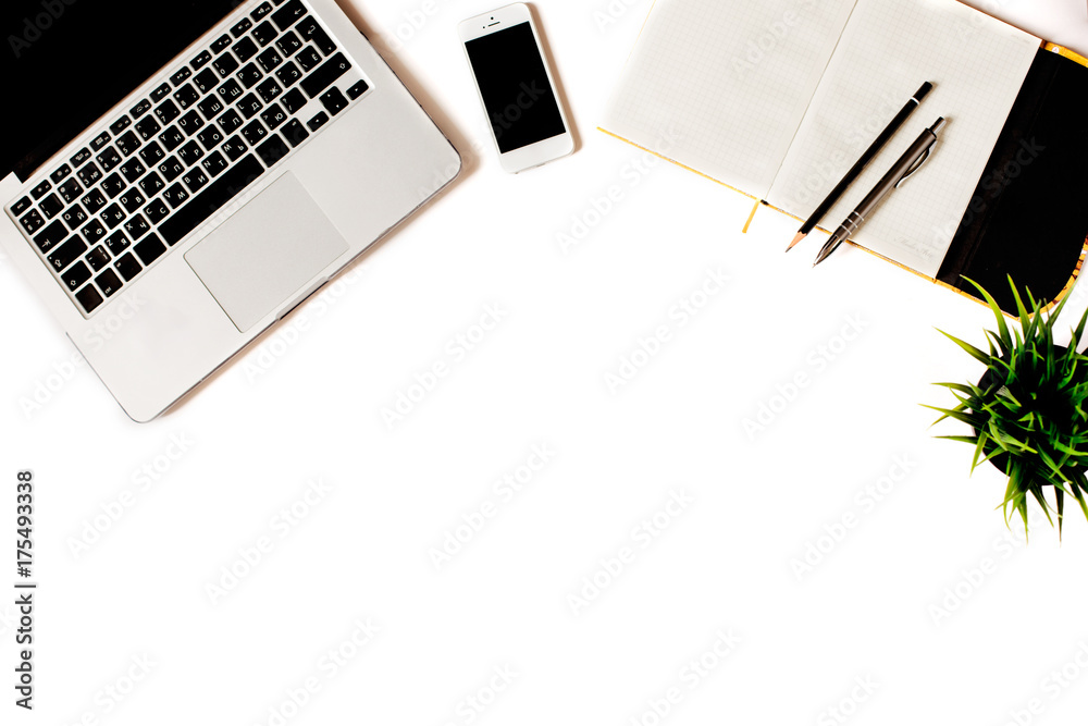 Modern minimalistic work place. White office desk table with laptop ...
