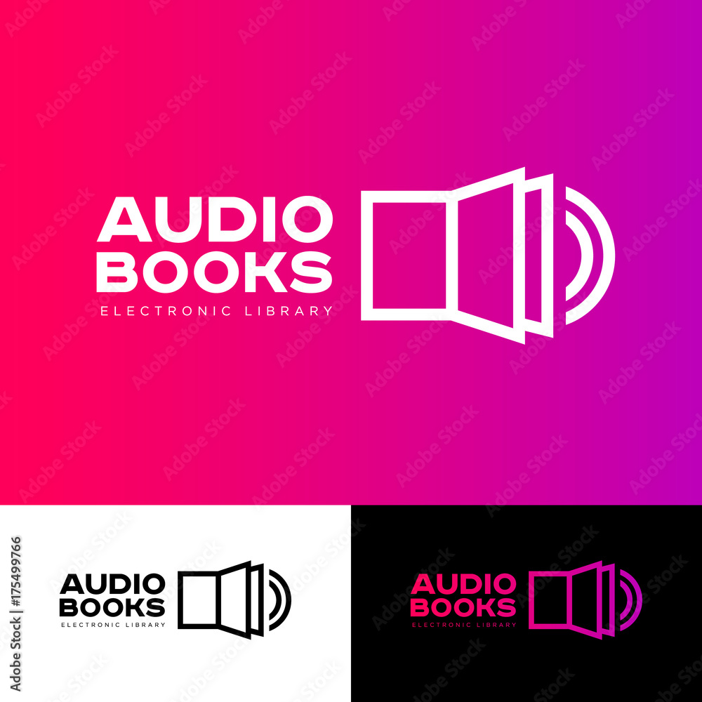 Audio book logo. The book icon and sound icon are connected. Literature ...