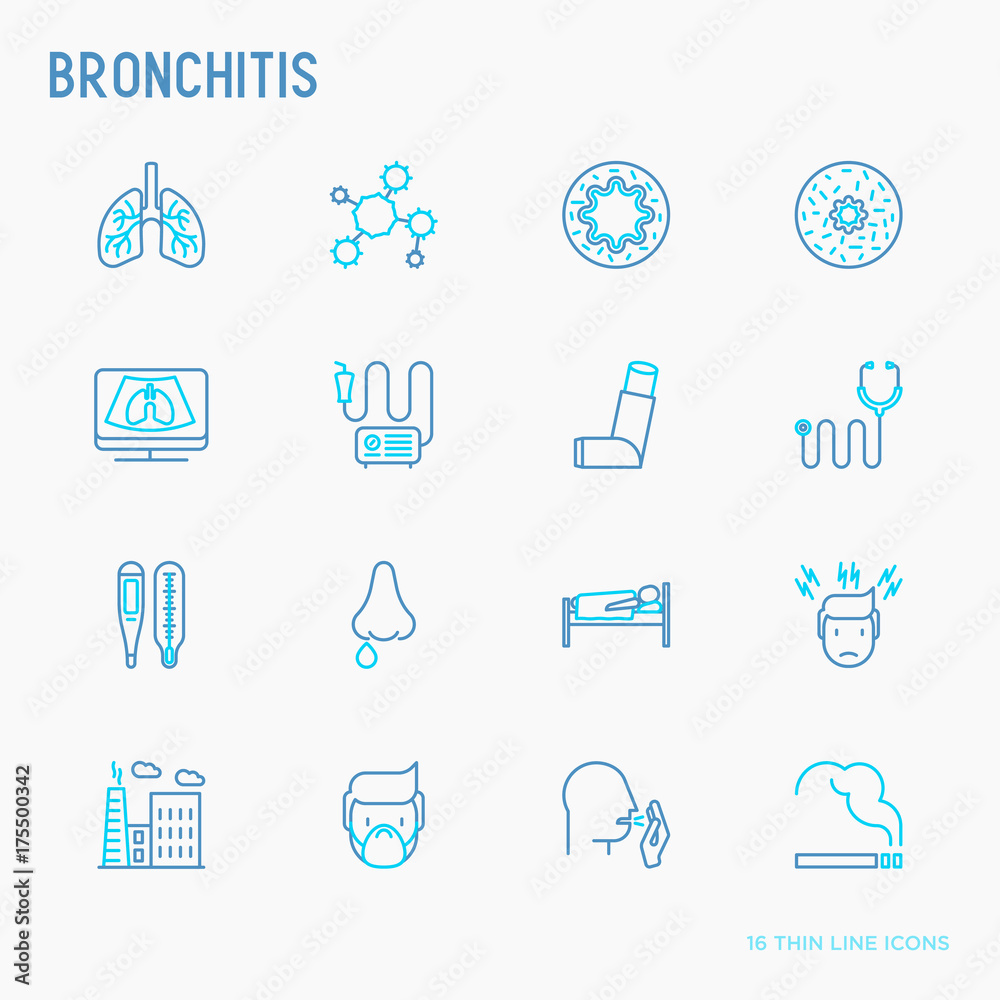 Bronchitis thin line icons set of symptoms and treatments: headache ...