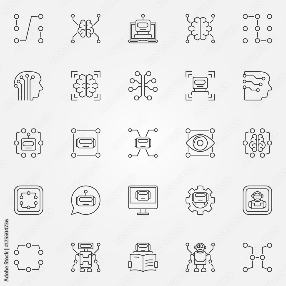 Machine learning icons set. Vector artificial intelligence and o Stock ...