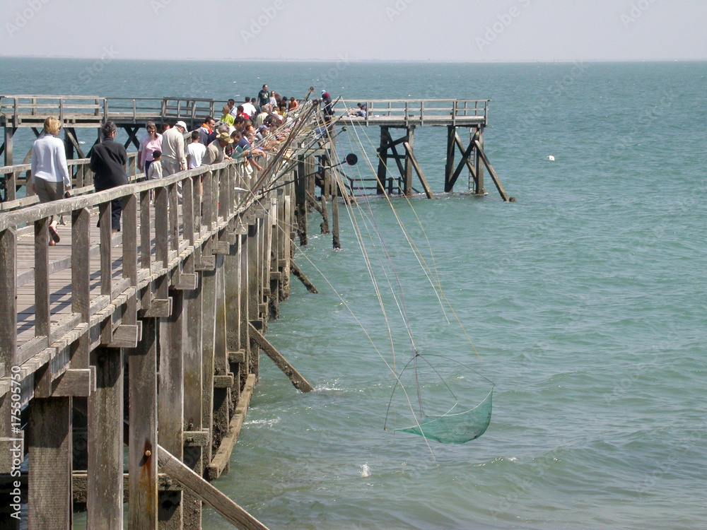 Pêche au carrelet, sur le ponton de la plage des Dames sur l'île de ...