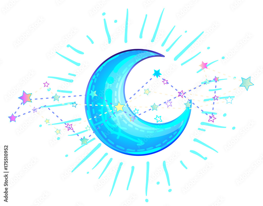 Mystic Crescent Moon in anime or manga style. Hand-drawn vector ...