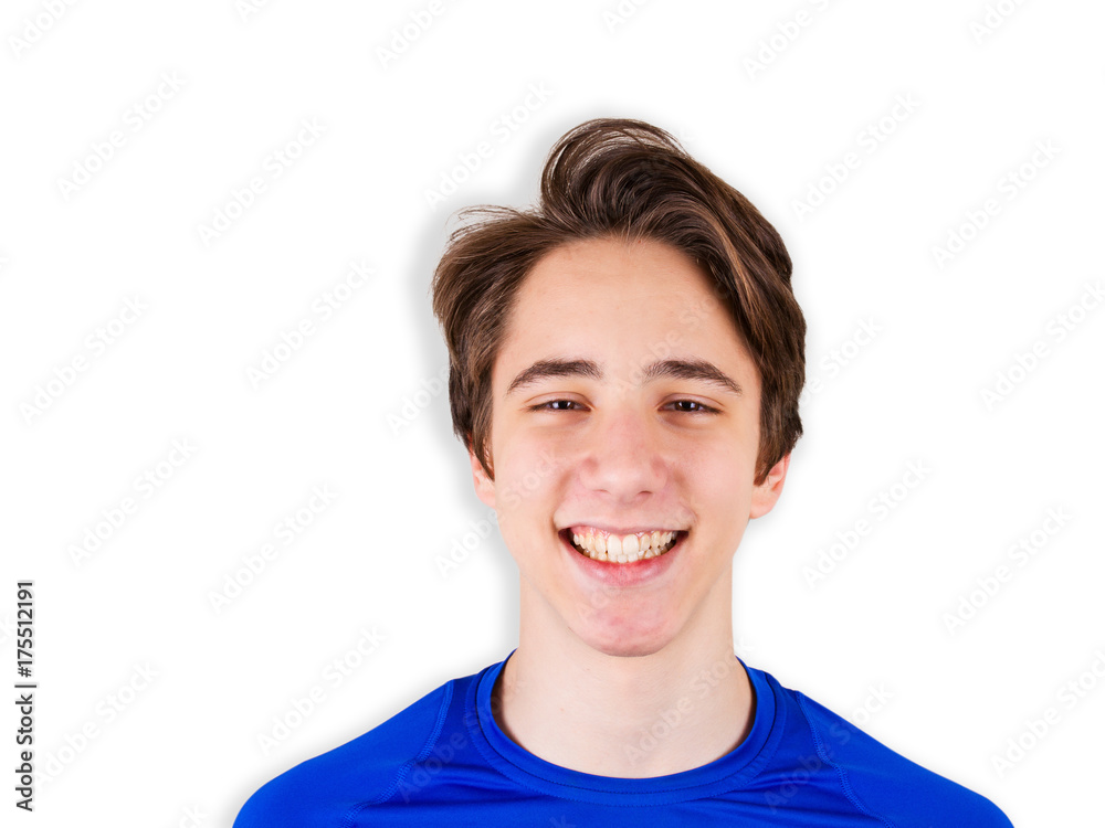 Handsome teen boy looking at camera. Portrait of teenager, sport ...