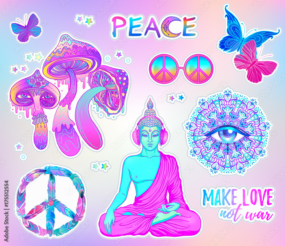 Psychedelic sticker set: trippy mushrooms, peace sign acid Buddha ...