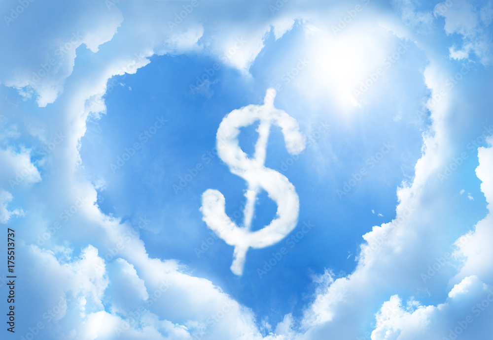 Dollar sign cloudshape inside heart cloud frame on blue sky background. Stock Photo | Adobe Stock