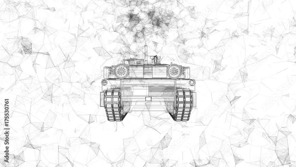 Battle tank of the us army in the form of holographic lines. Revolve ...