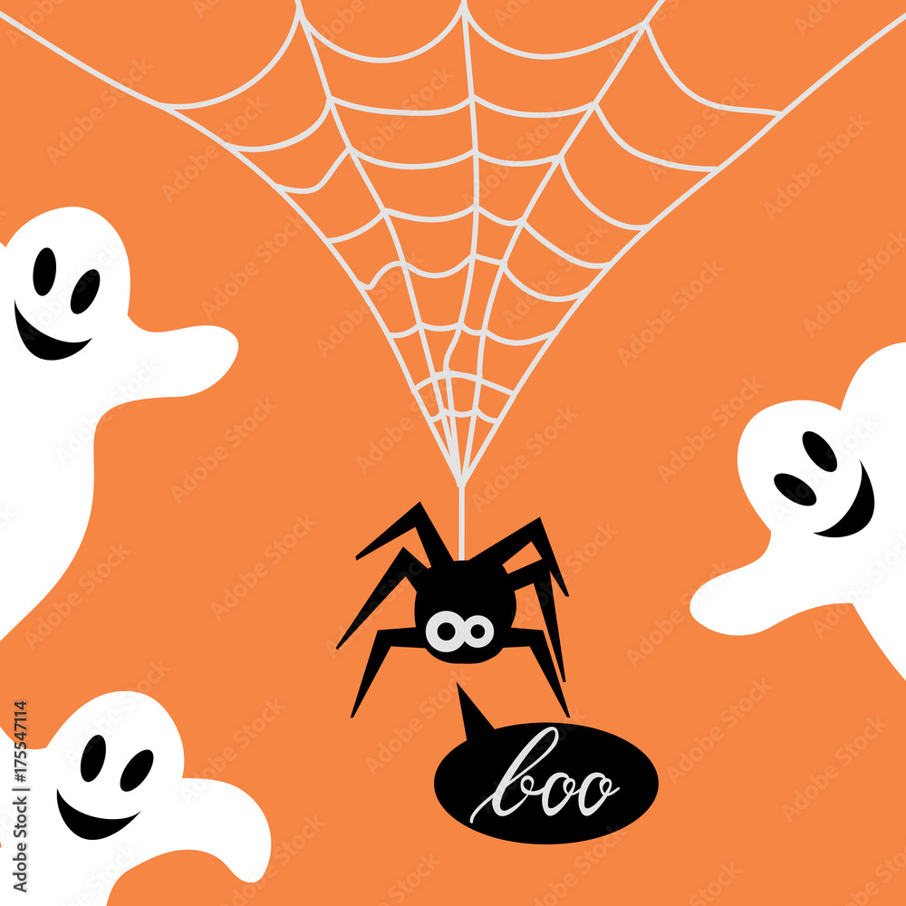Cute Spider on web and ghost orange background. Background of spider on ...