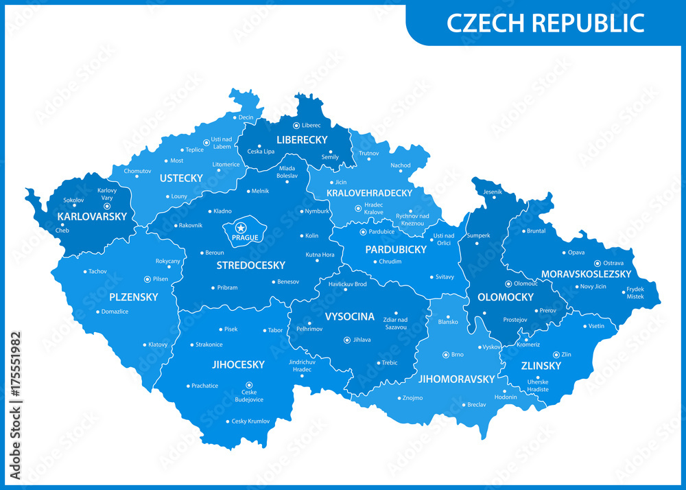 Obraz szczegółowa mapa Czech z regionami lub państwami i miastami, stolicami #175551982 - Mapy ...