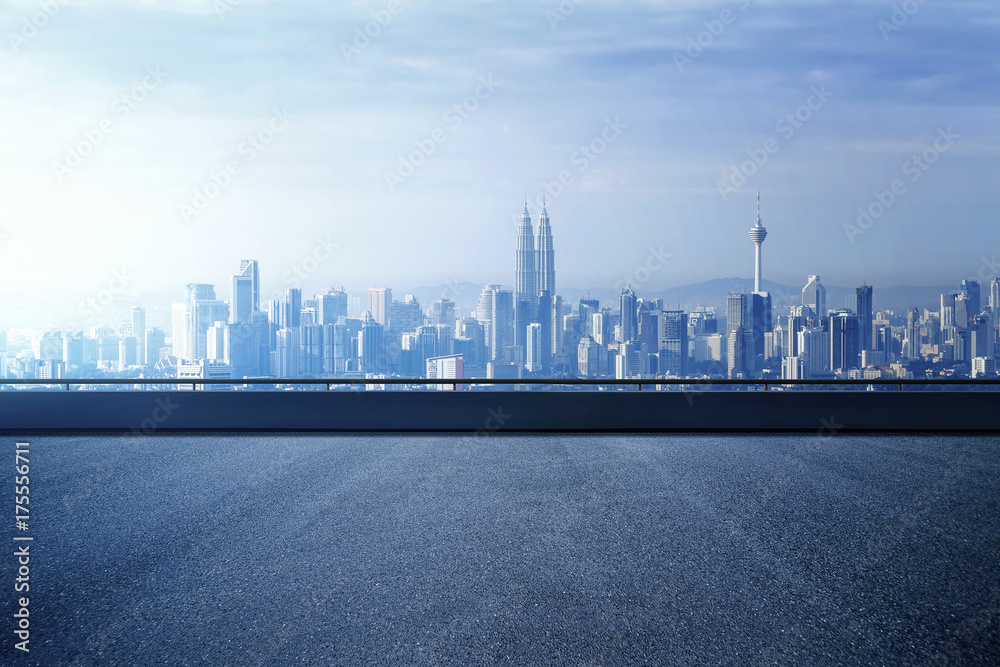 Highway overpass with modern city skyline background Stock Photo ...