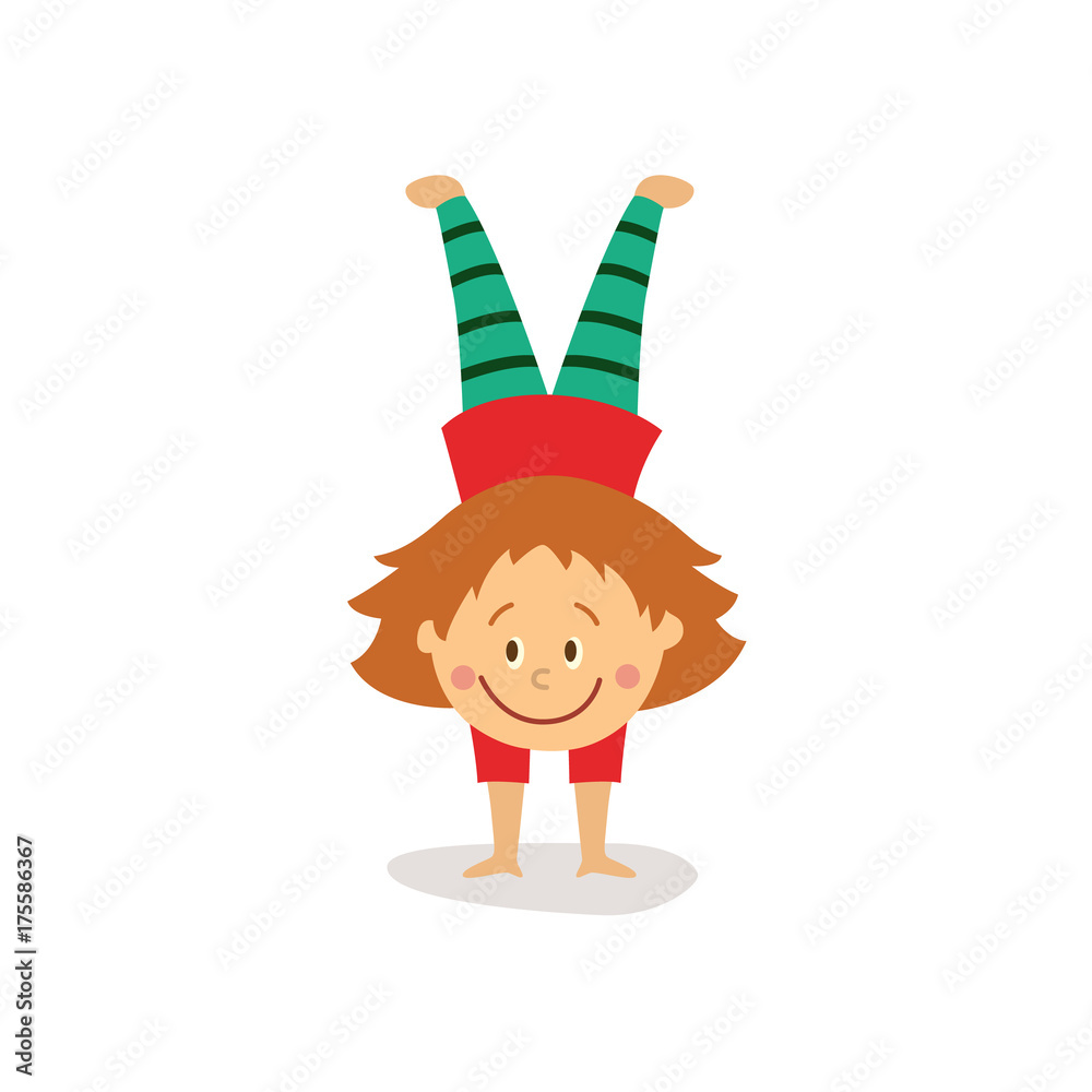 vector flat cartoon girl kid having fun doing handstand exercise ...
