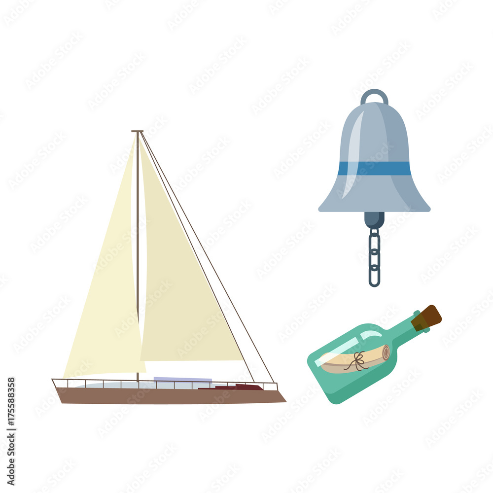 vecotr flat cartoon nautical, marine symbols set. Sailing yacht with ...