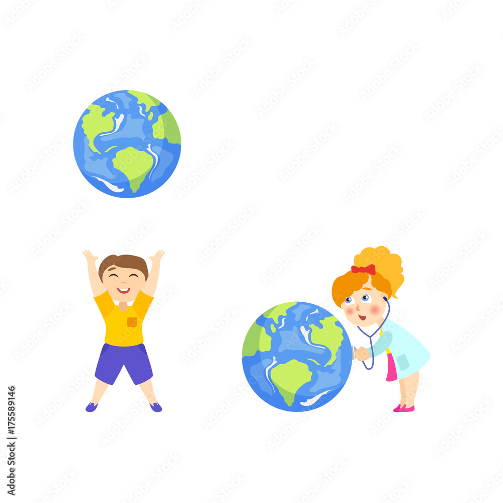 Boy throwing big globe up, girl in doctor coat listening to Earth ...