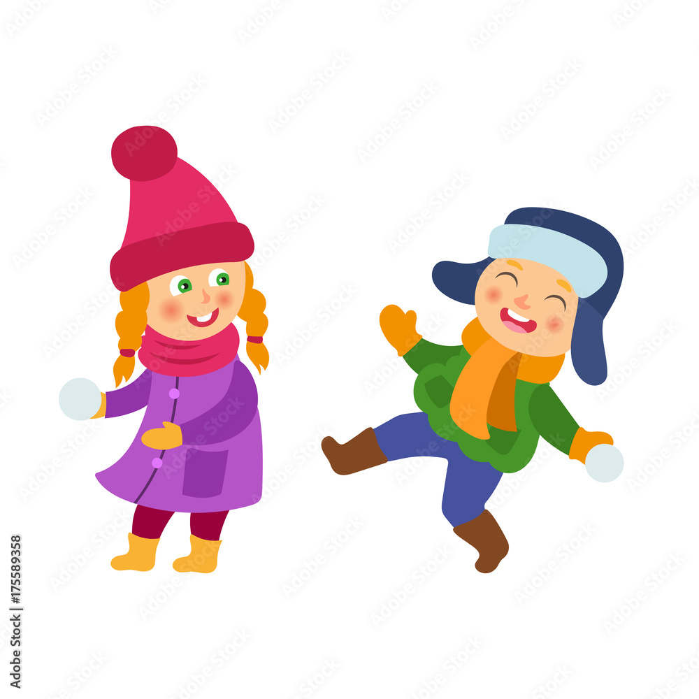 vector boy and girl having fun with snow outdoors. Flat cartoon ...