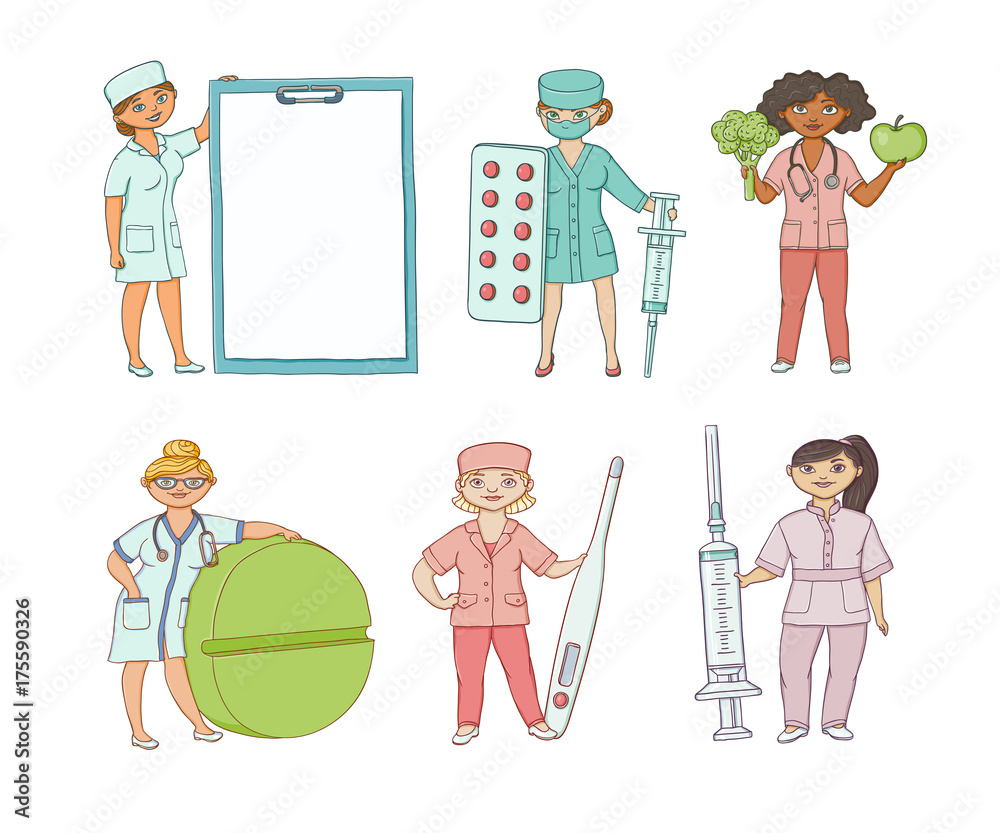 vector flat cartoon adult male, female doctors, nurses in medical ...