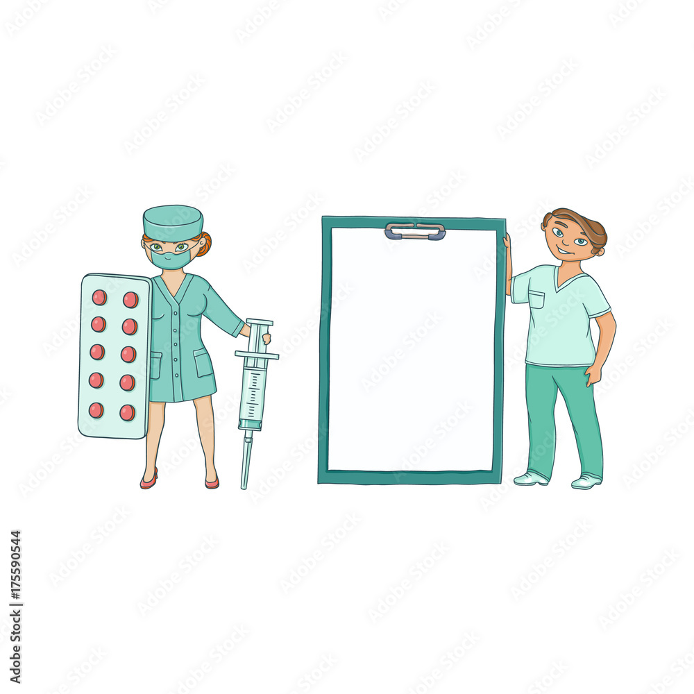 Two doctors - with giant syringe and blister of pills and medical card ...