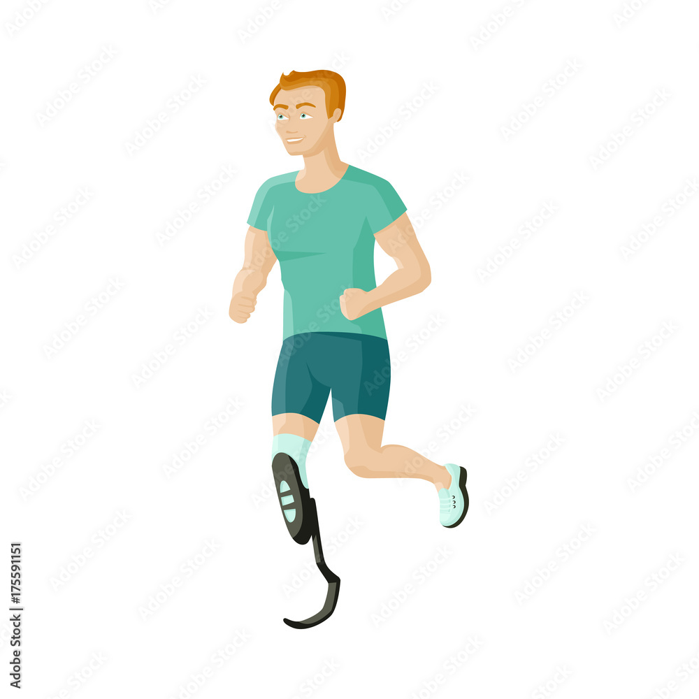 Young man with prosthesis, sportsman running on artificial leg, flat ...