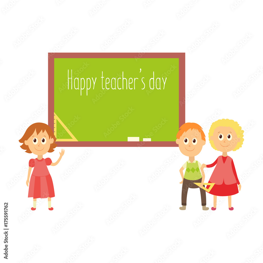 School children standing at blackboard, happy teacher day greeting card ...