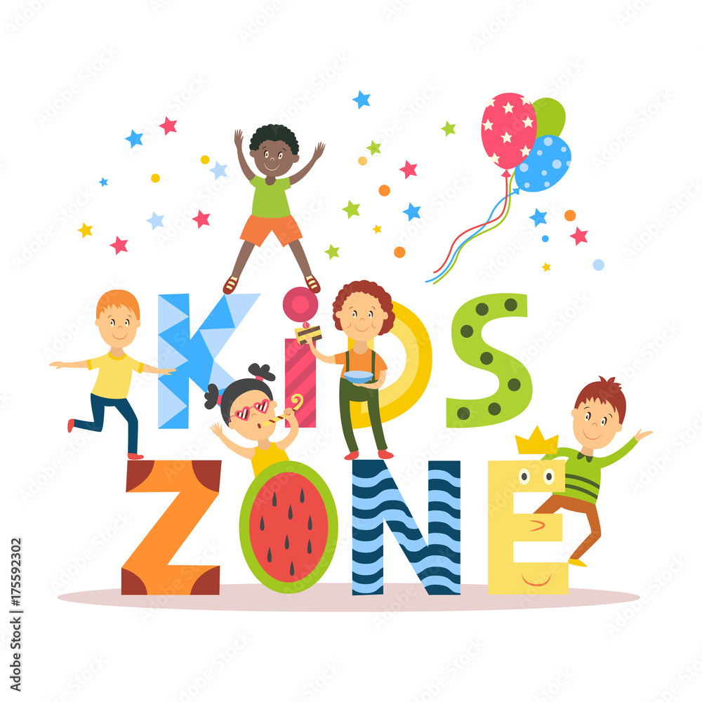 Banner, poster with Kid Zone text and children signing, dancing, having ...