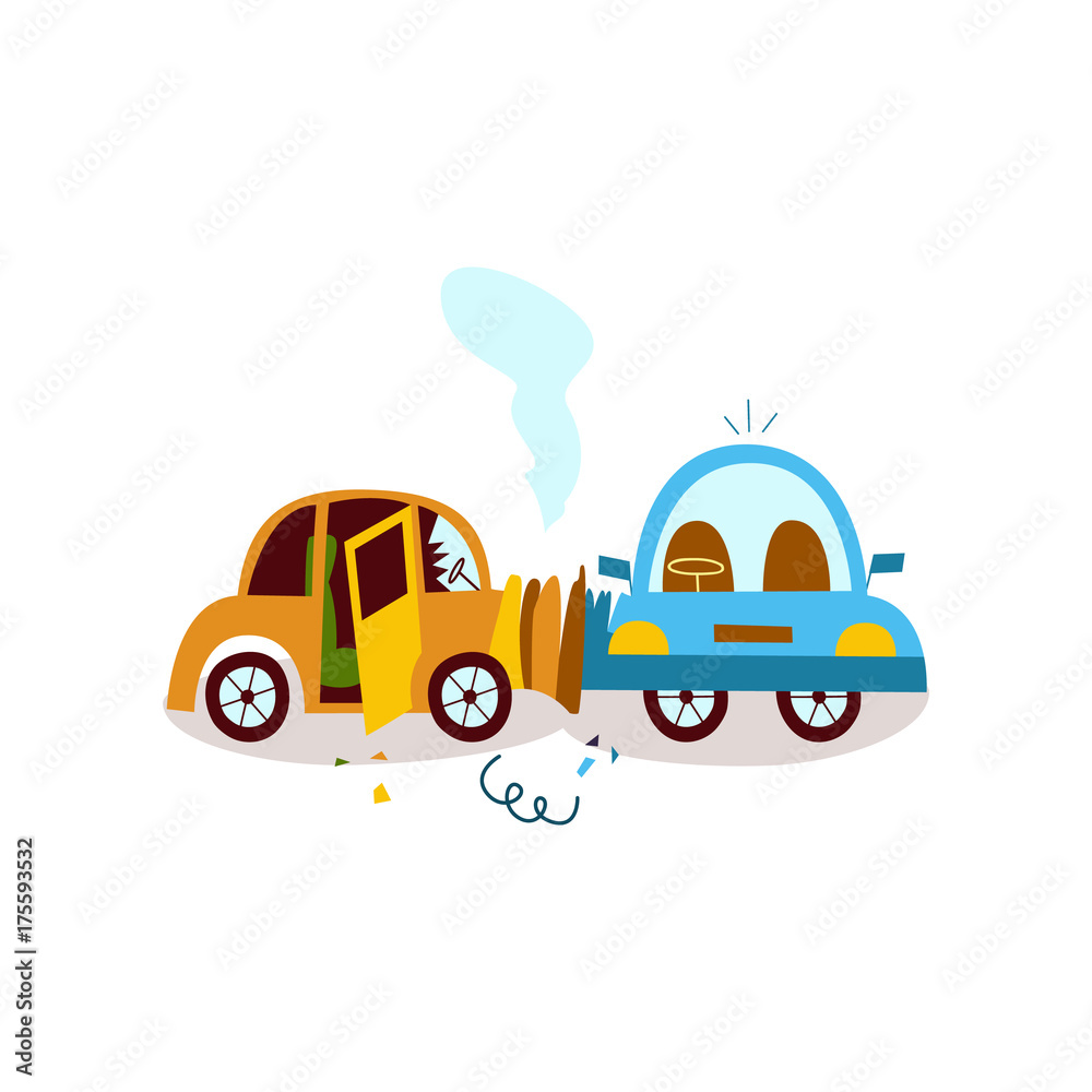 vector flat cartoon car accident. yellow vehicle crashed into blue one ...