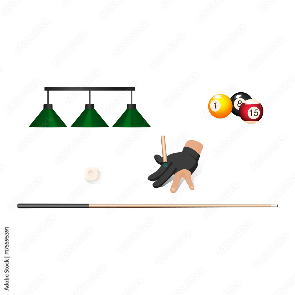vector flat cartoon billiard snooker, pool equipment objects set. cue ...