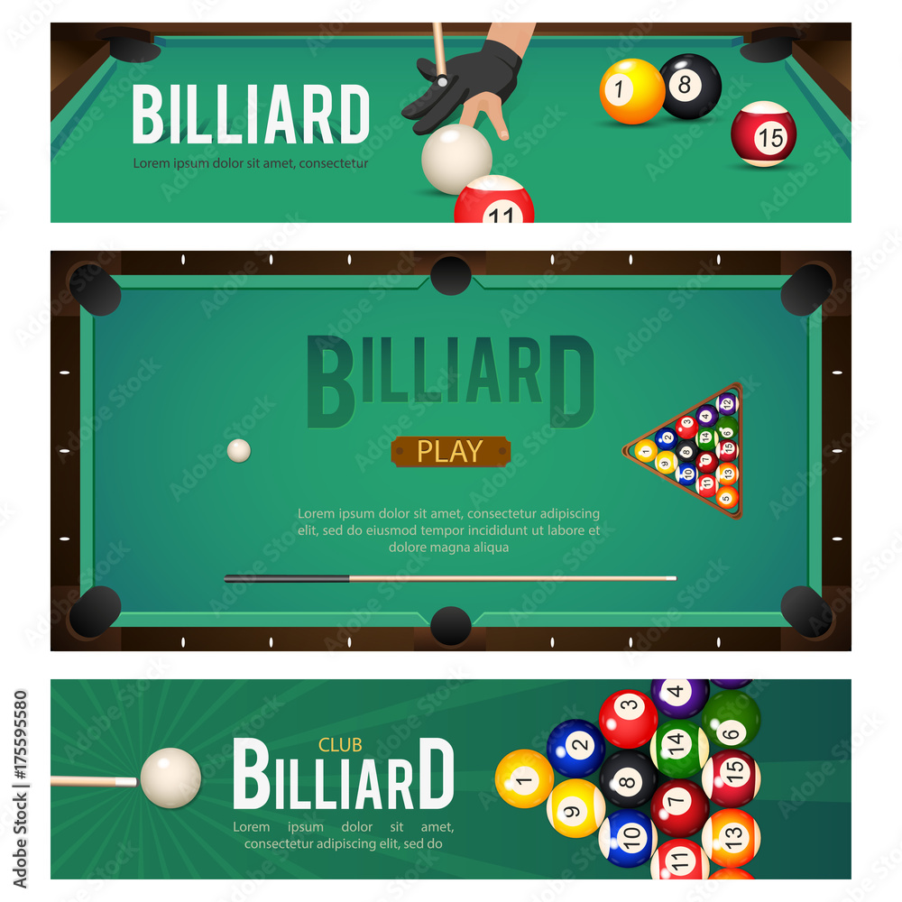 Set of three horizontal pool, billiard, snooker tournament banners with ...