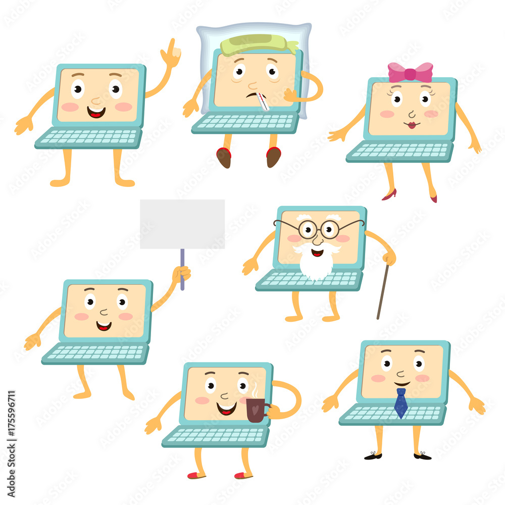 vector flat cartoon funny laptop humanized male characters set ...
