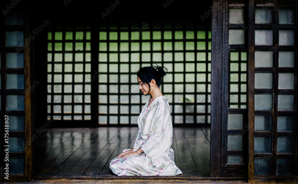 Beautiful Japanese woman in casual silky kimono sitting in traditional ...