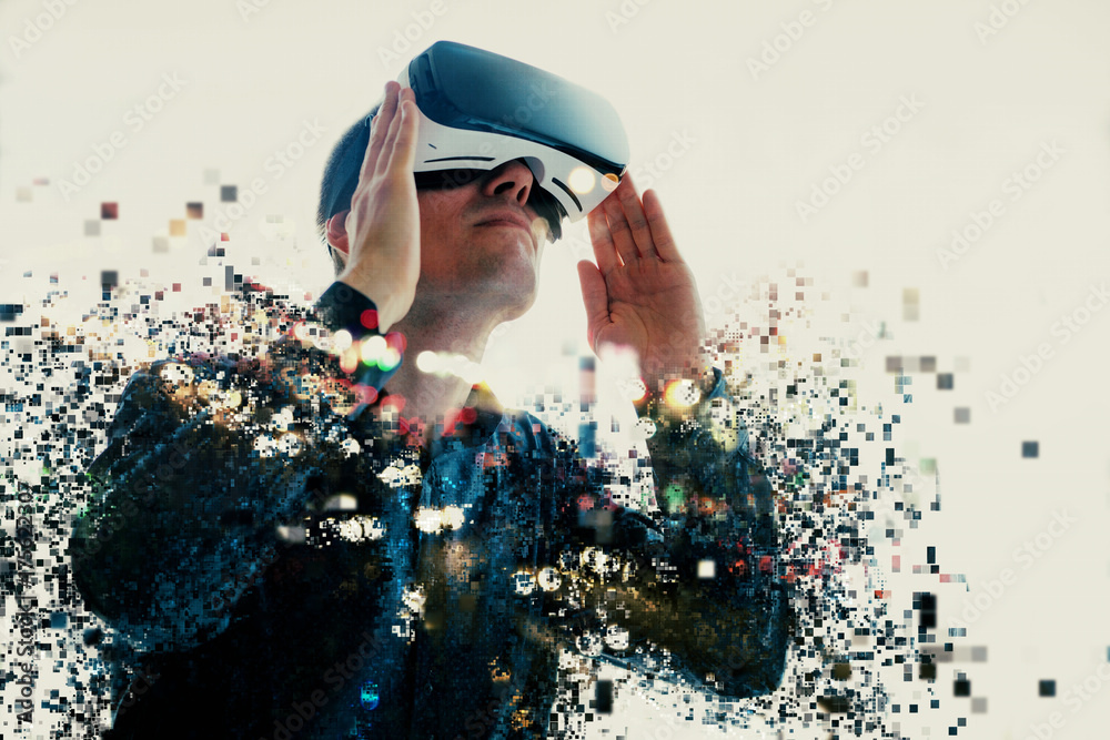A person in virtual glasses flies to pixels. The man with glasses of ...