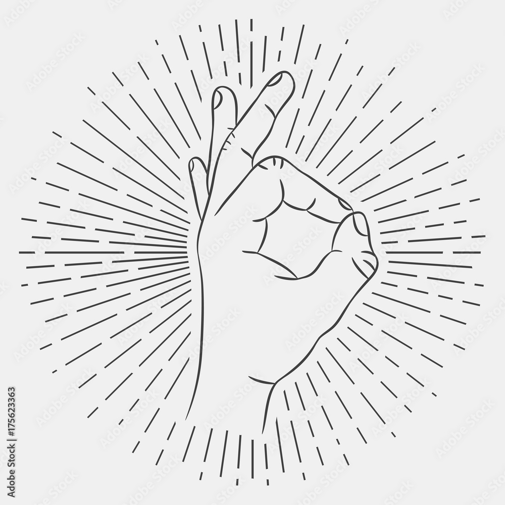 OK hand sign. Okay gesture. Hand-drawing illustration with hipster ...
