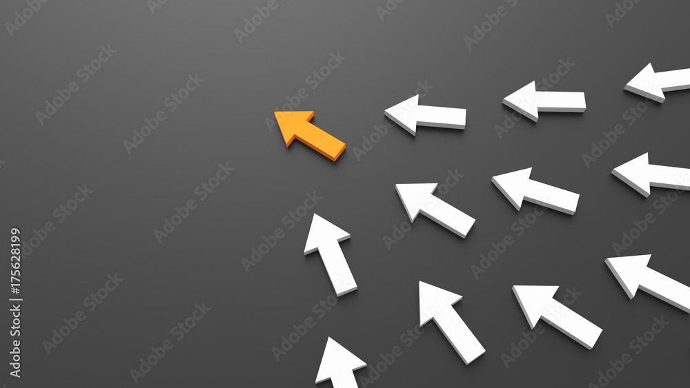 Leadership, success, and teamwork concept, orange leader arrow leading ...