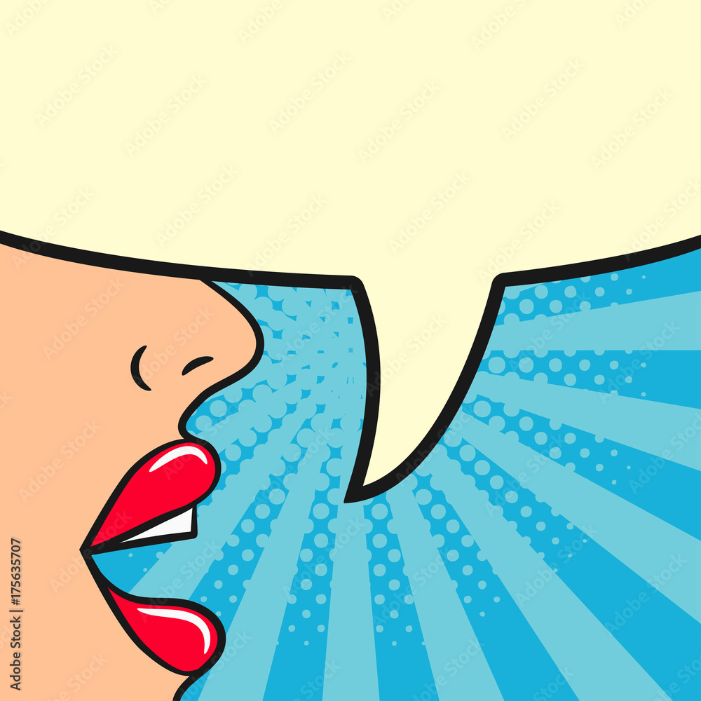 Girl says - female lips and blank speech bubble. Woman speak. Comic ...