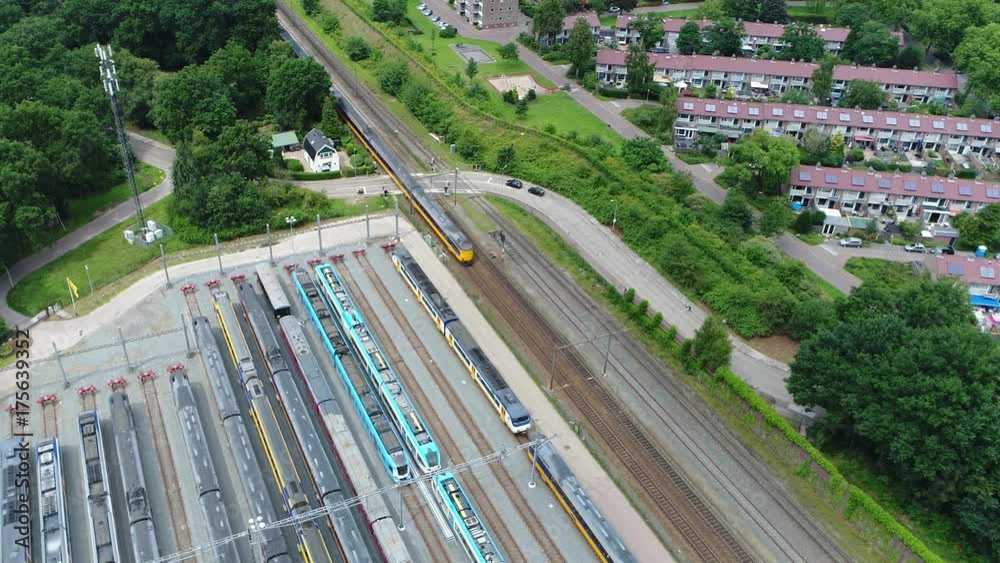 Aerial of railroad hub or railway terminal static bird-eye footage and ...
