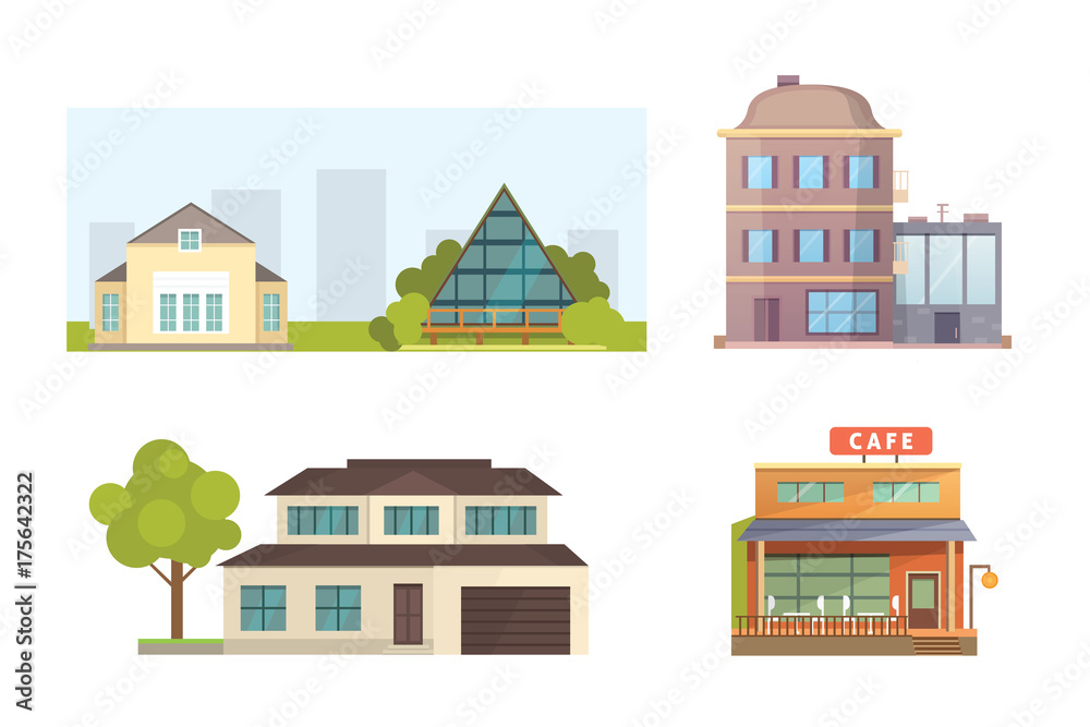 Set of different styles residential houses. City architecture retro and ...