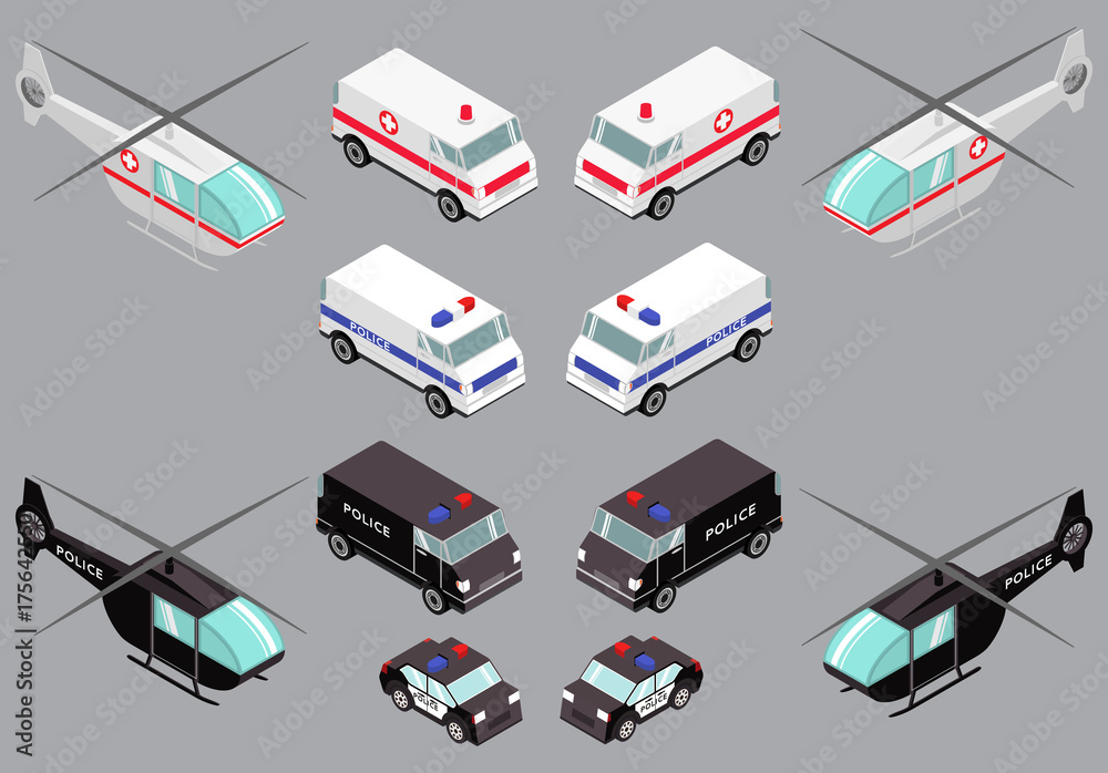 Vetor de isometric vehicles of the emergency city services. Ambulance ...