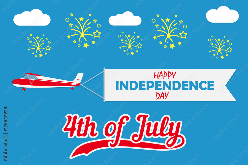 Happy Independence Day card with plane with flying banner and fireworks ...