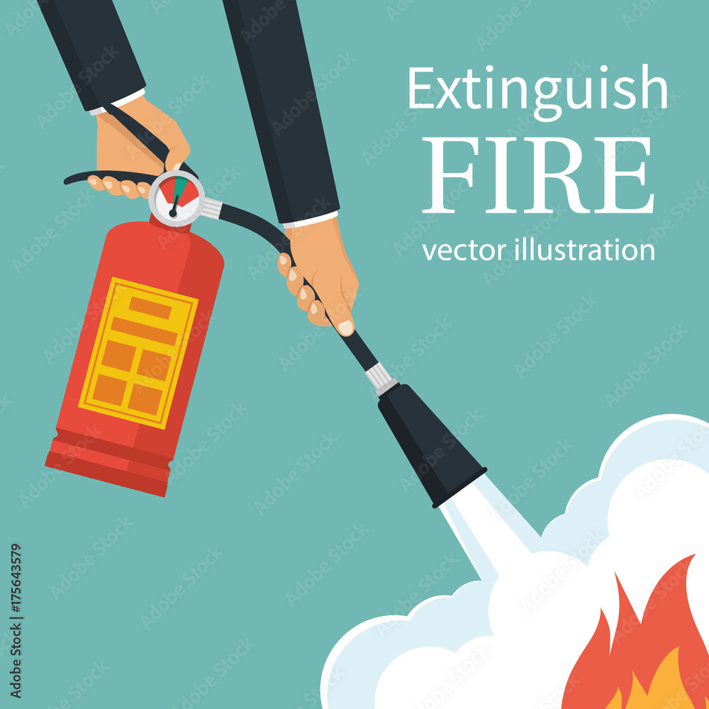 Extinguish fire. Fireman hold in hand fire extinguisher. Vector ...