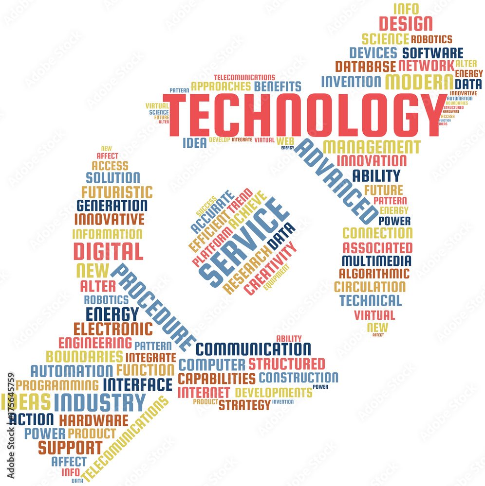 Technology Word Cloud Text Illustration in shape of a watch. Technology ...