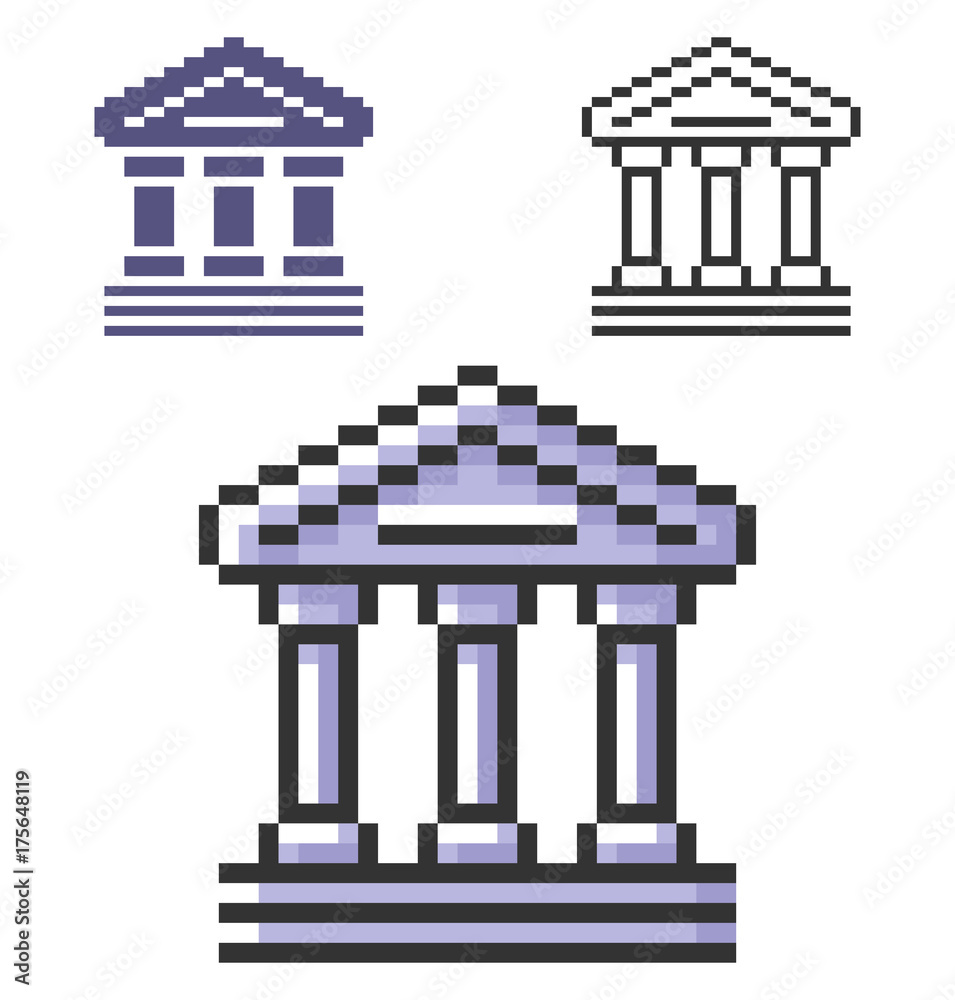 Pixel icon of bank building (ancient style building) in three variants ...