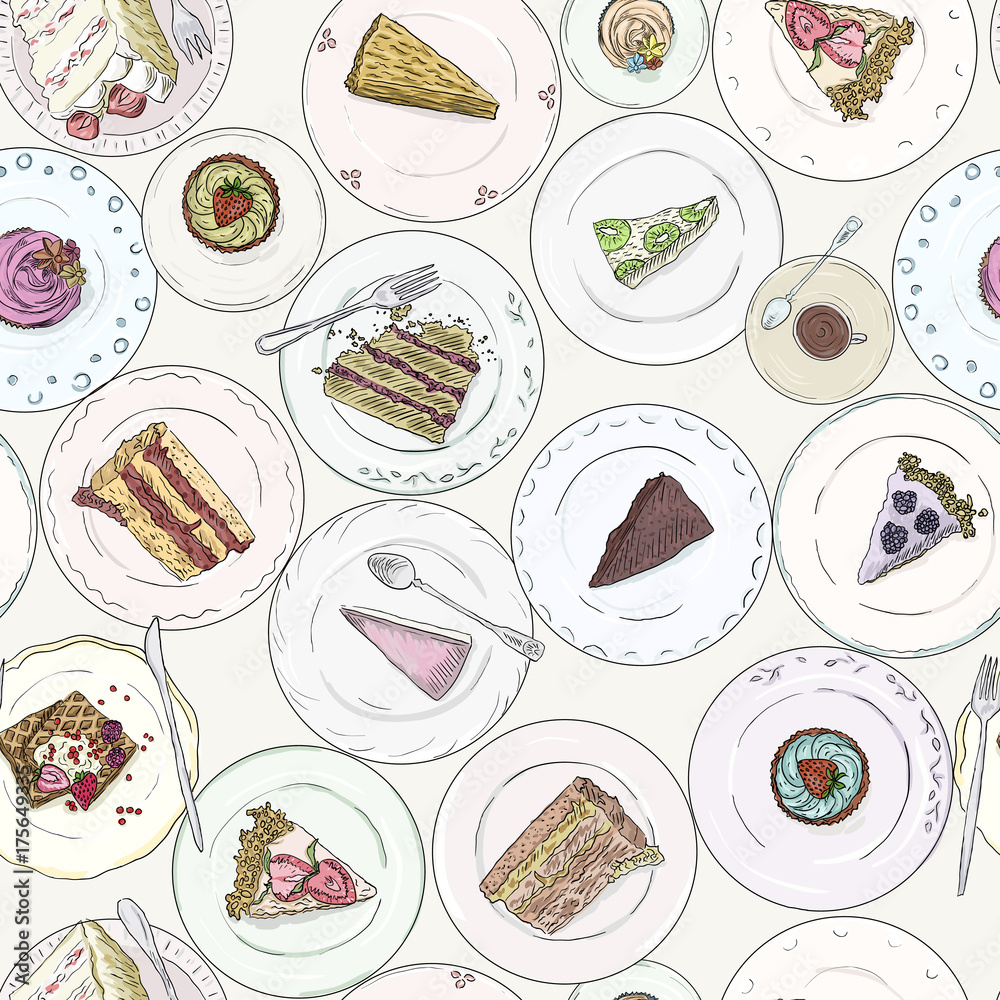 Bakery, Cakes, pastries linear seamless pattern. Sweet elements ...