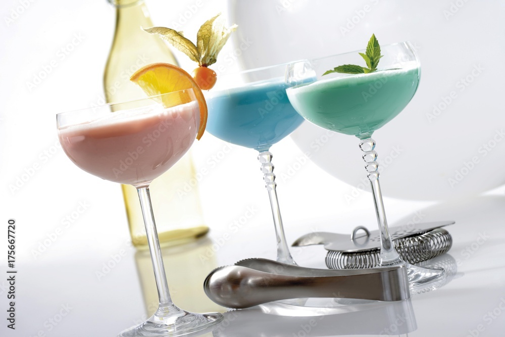 Peppermint cream liqueur, Blue Curacao cream liqueur and Campari orange ...