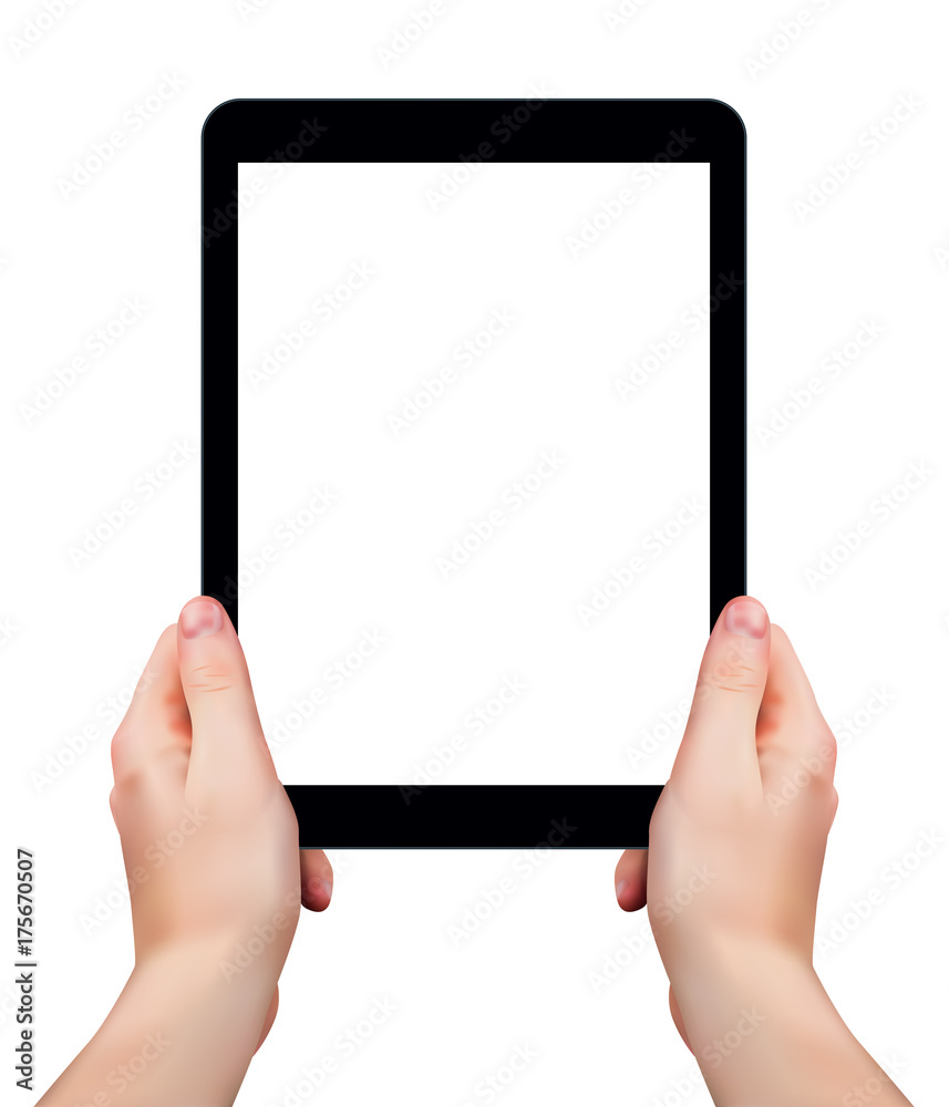 Vector realistic hands holding tablet with blank screen isolated on ...