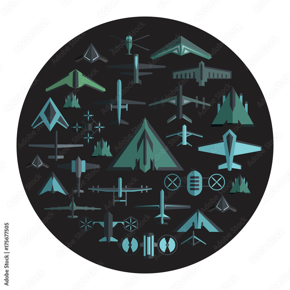 Military drones cartoon icons set vector illustration for design and ...