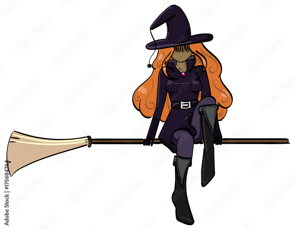 Witch sitting on a floating broom. Stock Vector | Adobe Stock
