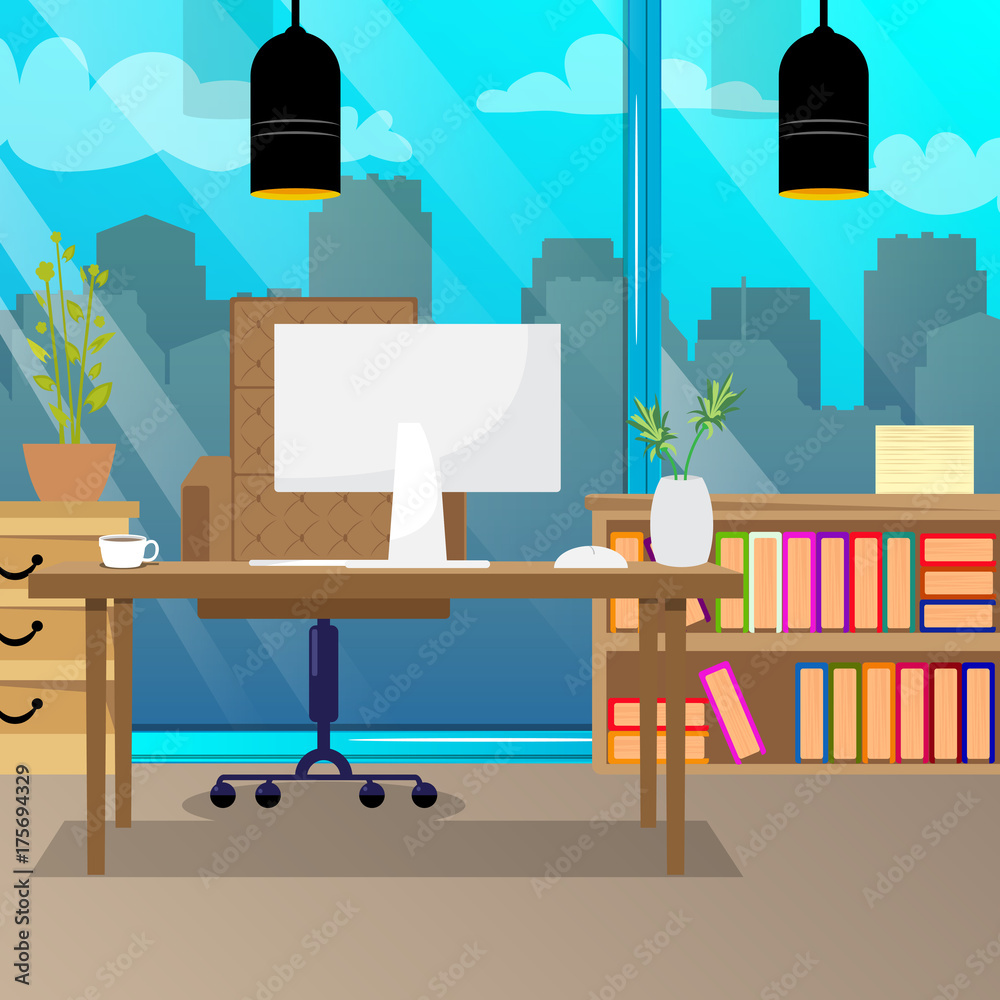 Design of modern office with big window, desktop, modern monitor ...