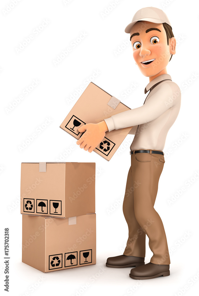 3d delivery man stacking parcels Stock Illustration | Adobe Stock