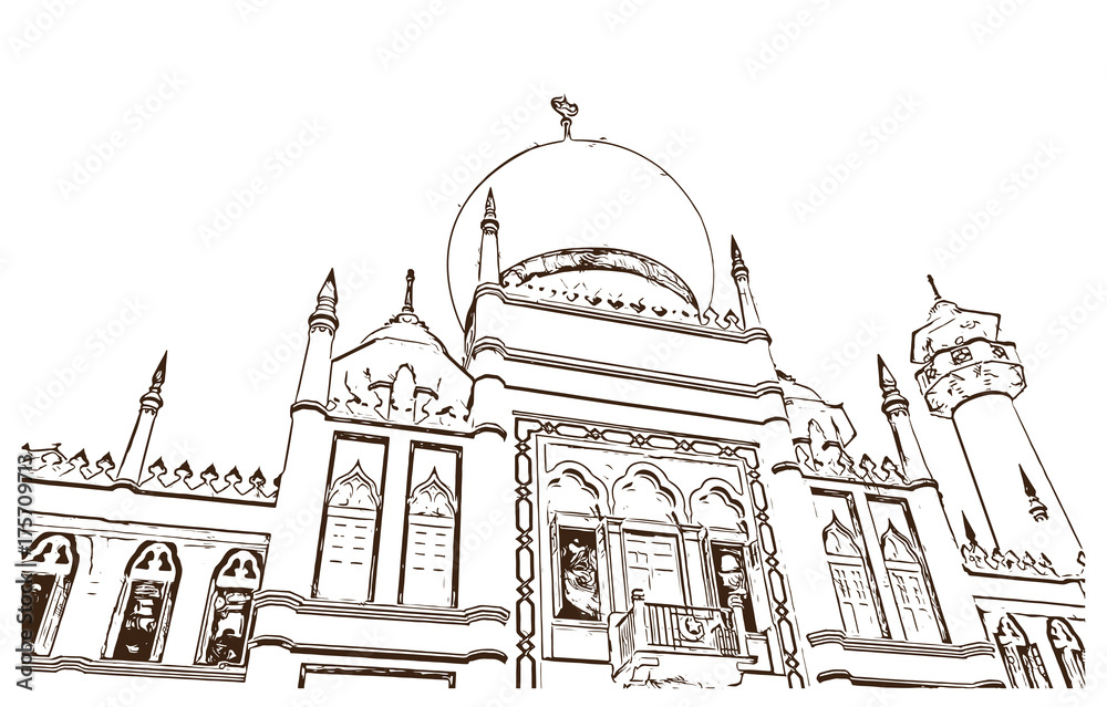 Sketch of Sultan Mosque in Singapore in vector illustration. Stock ...