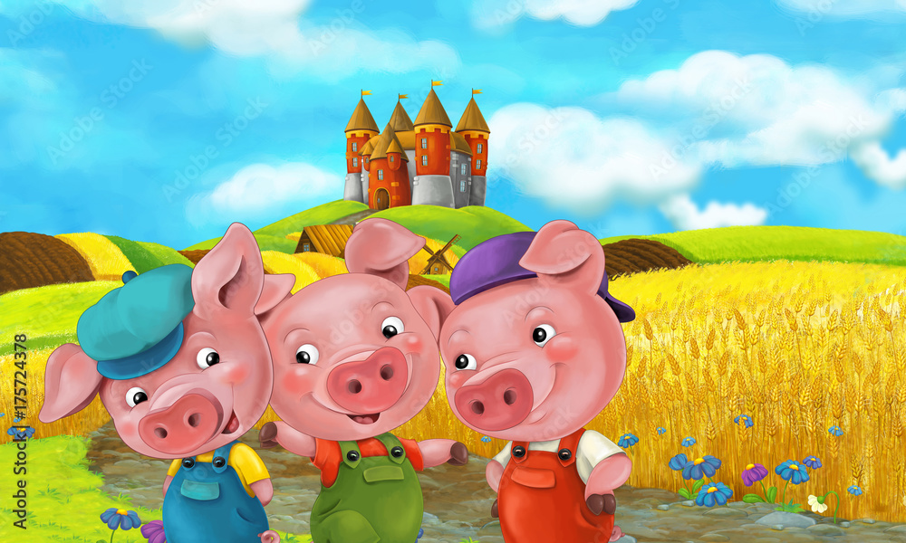 Cartoon scene three pig brothers working in the field - castle in the ...