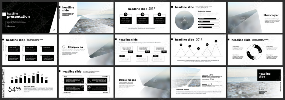 Black and white presentation templates elements on a white background ...